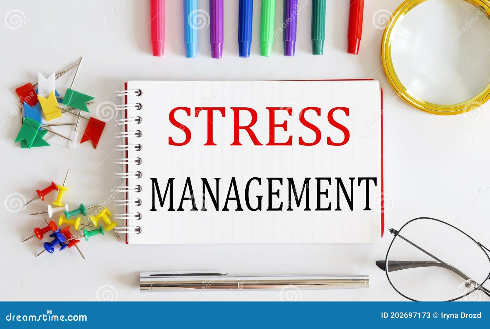 Notebook with Stress Management Word with Office Tools on the White ...