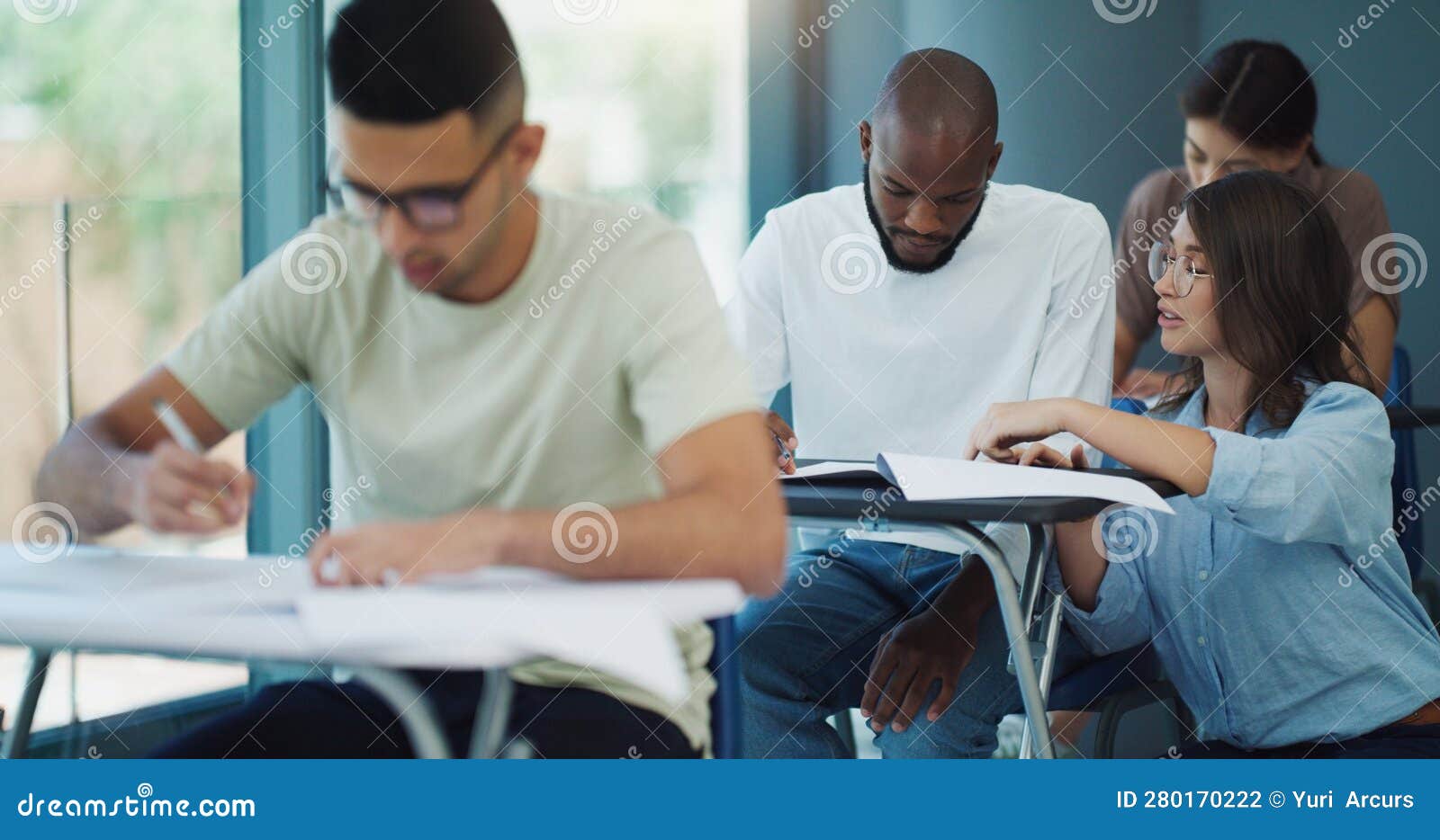Notebook, Student Help and Education Test in a Classroom with Writing ...