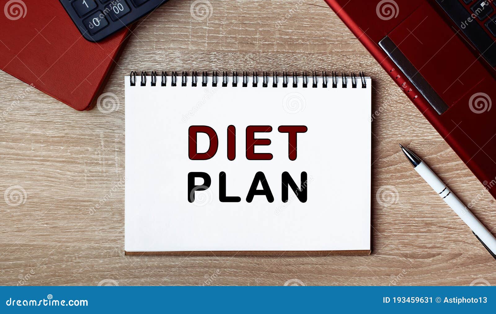 Notebook with Text DIET PLAN. Notebook on Desk with Laptop and a Pen ...