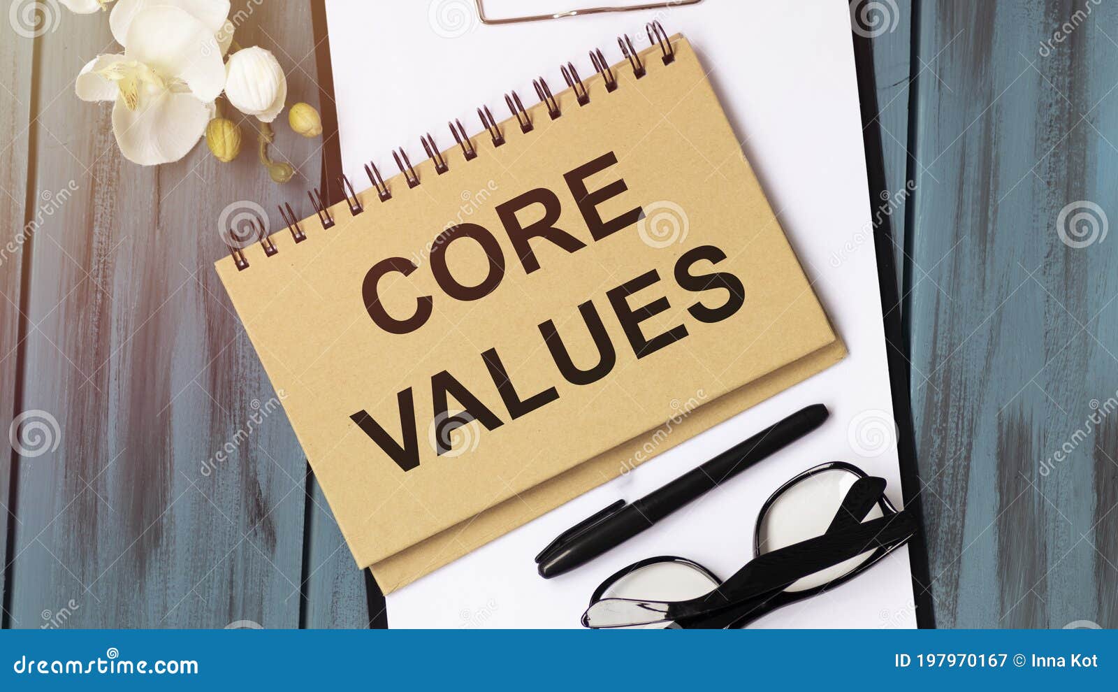 Notebook with Text Inside Core Values on Table with Coffee, Laptop and ...