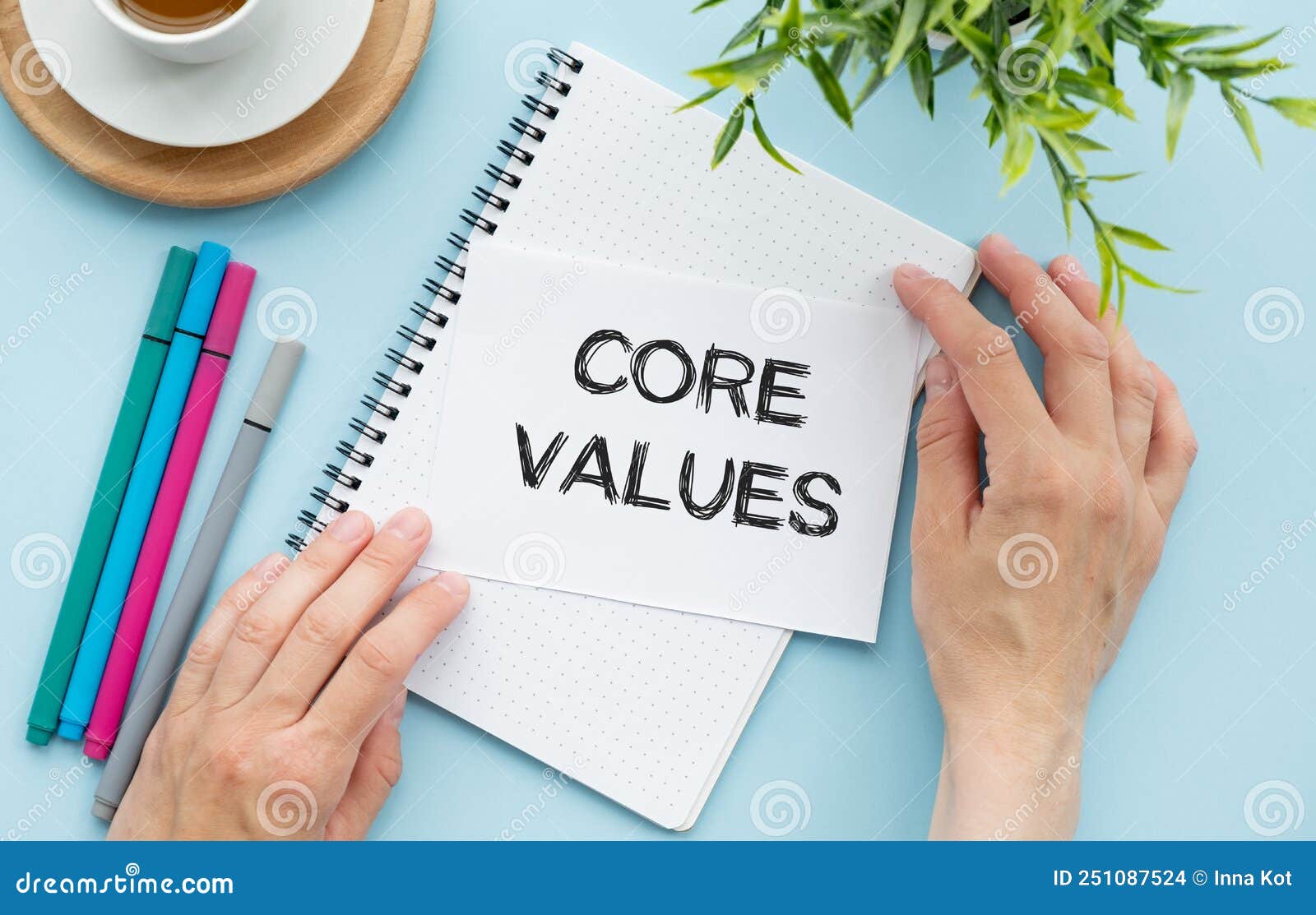 Notebook with Text Inside Core Values on Table with Coffee, Laptop and ...