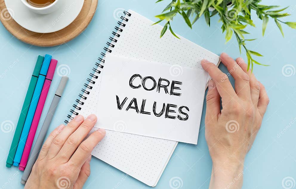 Notebook with Text Inside Core Values on Table with Coffee, Laptop and ...