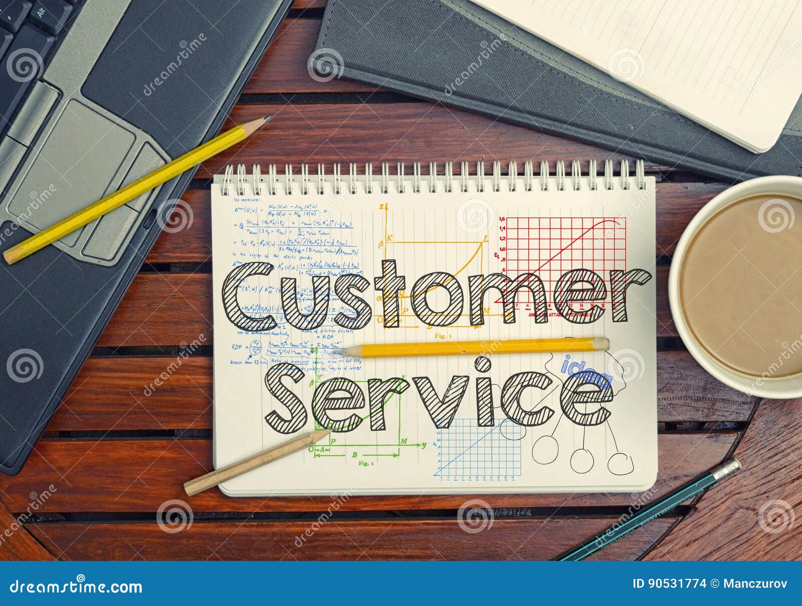 Notebook with Text Inside Customer Service on Table with Coffee ...