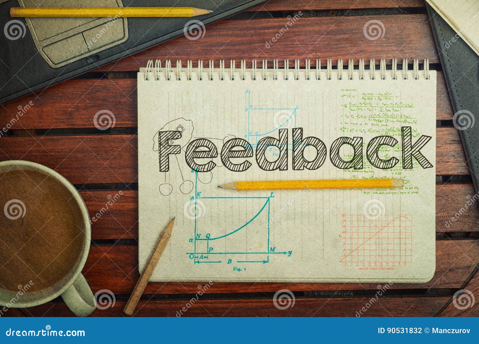 Notebook with Text Inside Feedback on Table with Coffee, Laptop Stock ...