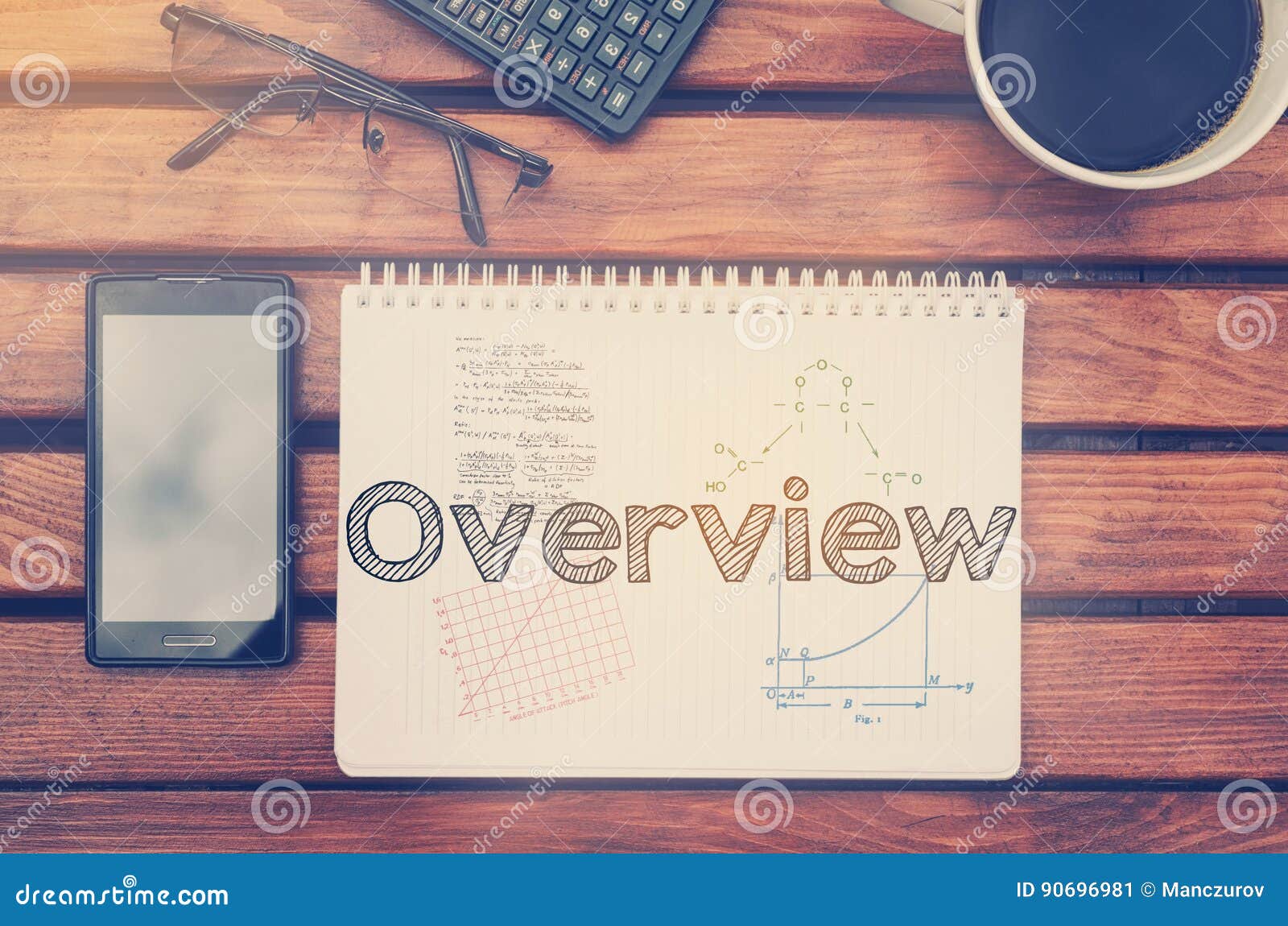 Notebook with Text Inside Overview on Table with Coffee, Mobile Stock ...