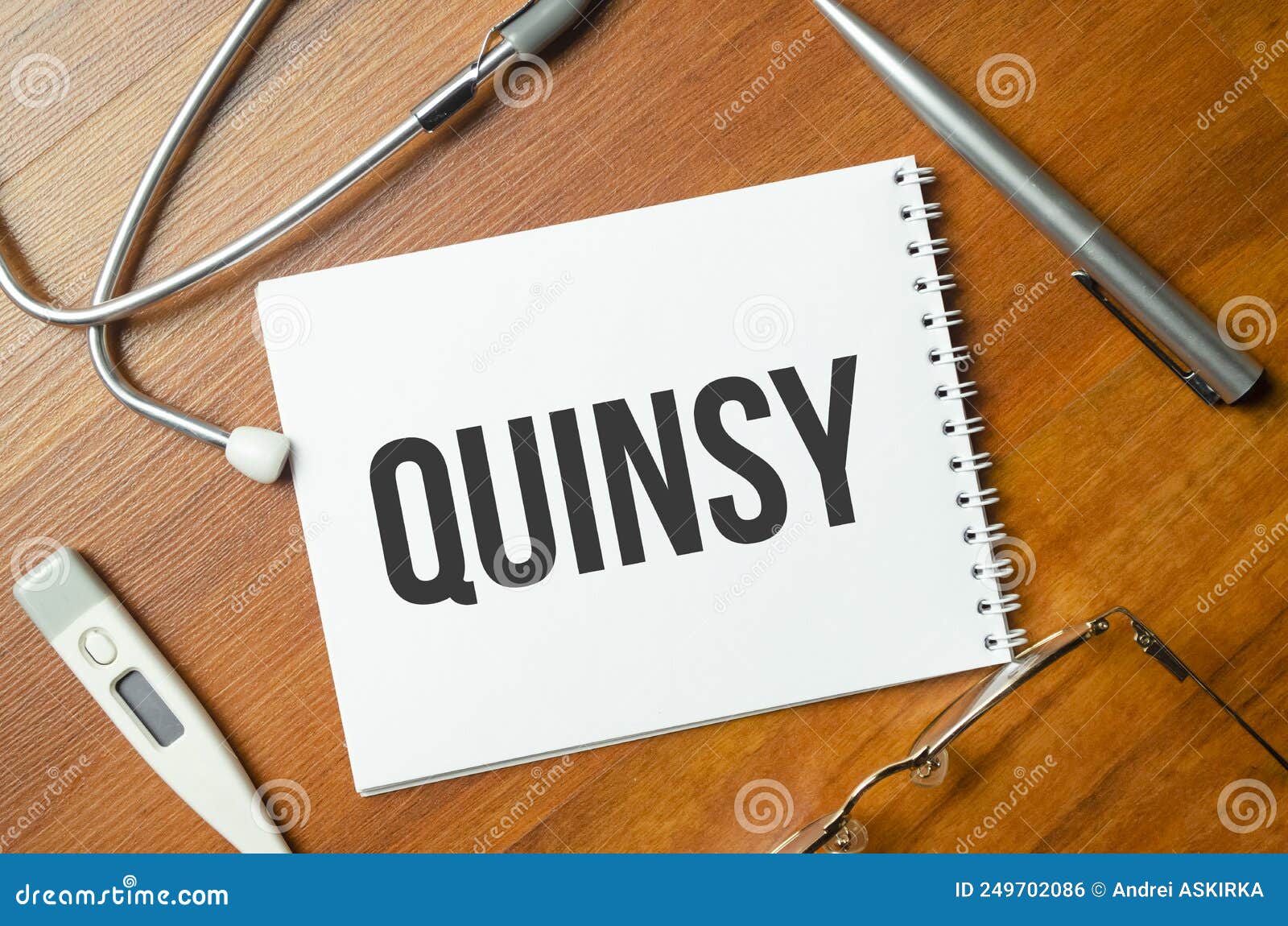 Notebook with Text QUINSY with Pen and Stethoscope Stock Photo - Image ...