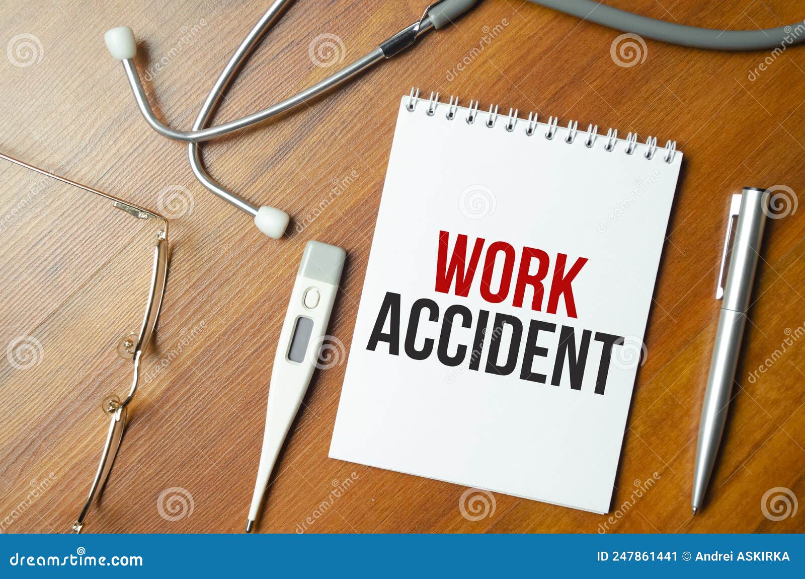 In the Notebook is the Text Work Accident, Stethoscope Stock Image ...