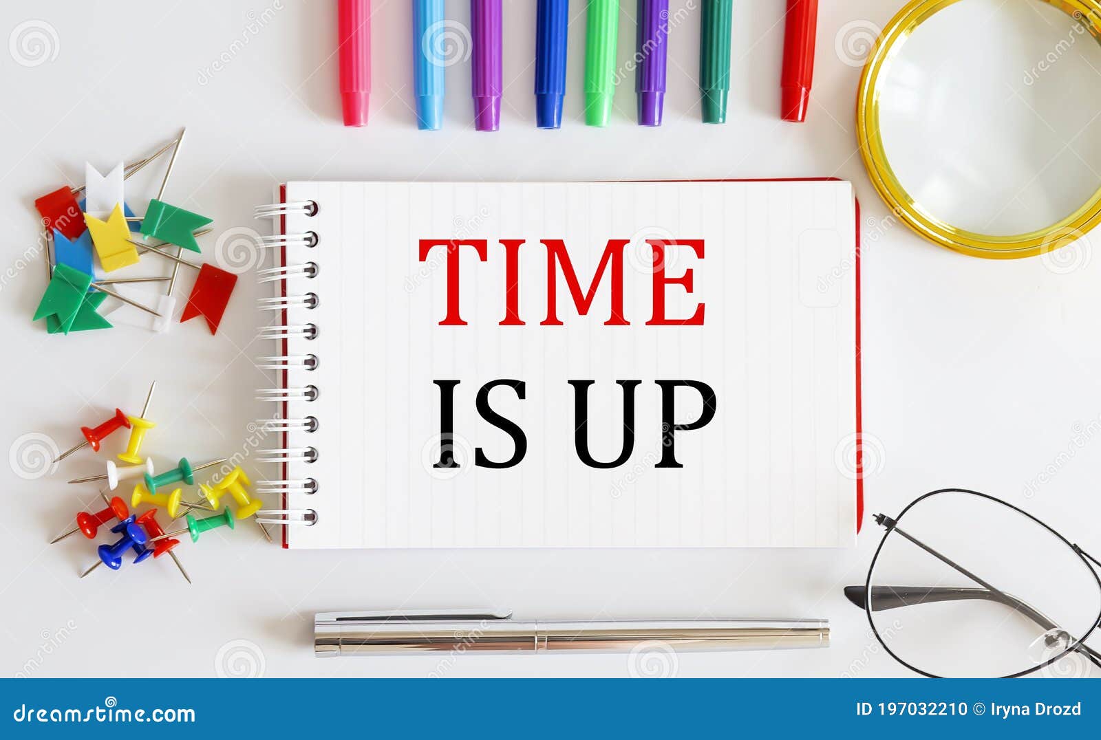 Notebook with TIME is UP Word with Office Tools on White Table Stock ...