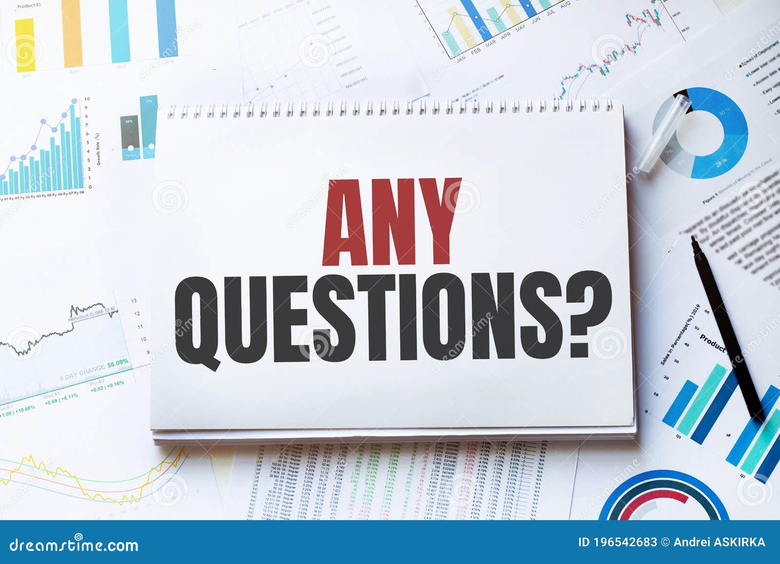 Notebook with Tools and Notes with Text ANY QUESTIONS Stock Image ...