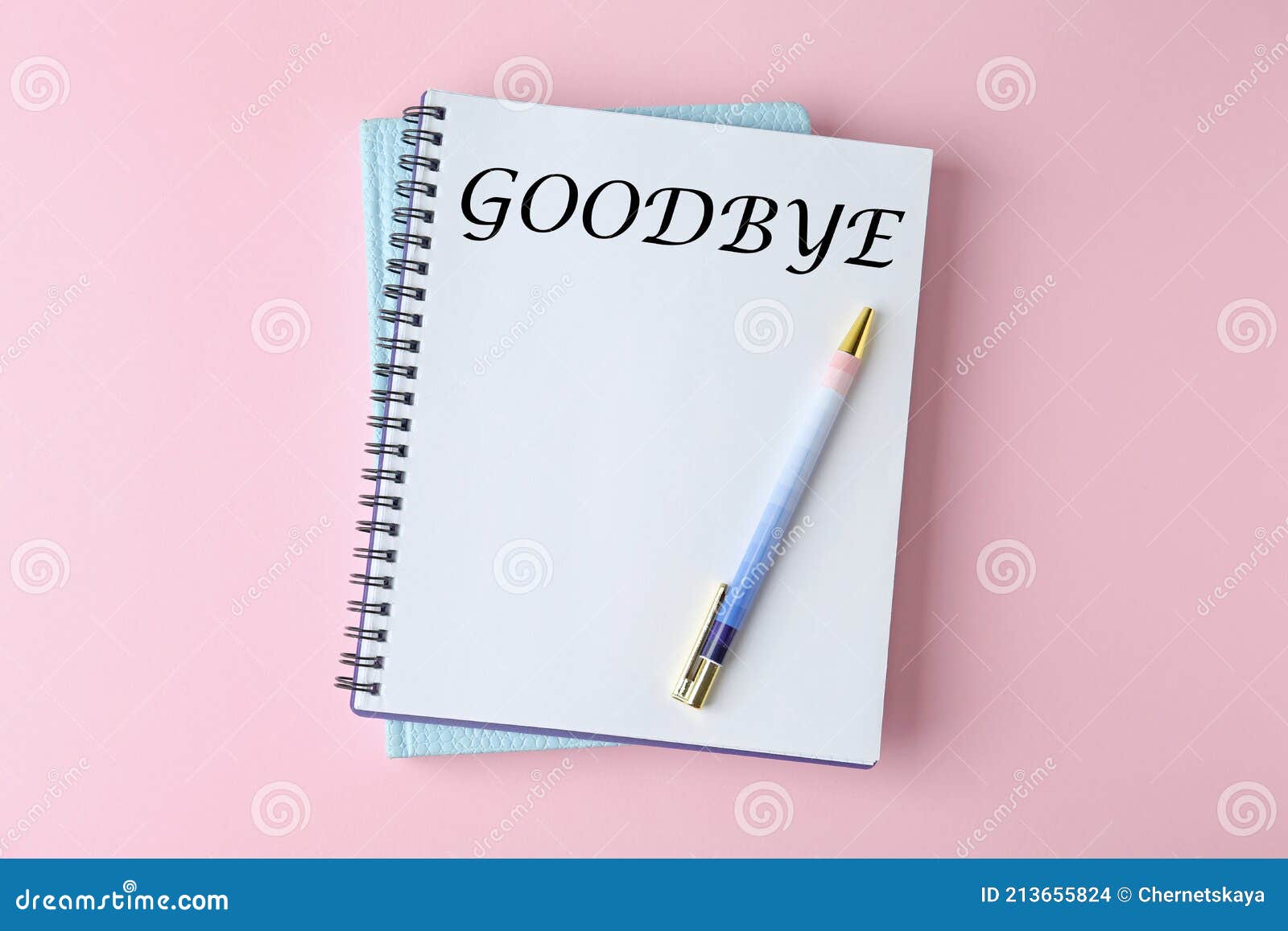 Notebook with Word Goodbye on Pink Background, Top View Stock Photo ...