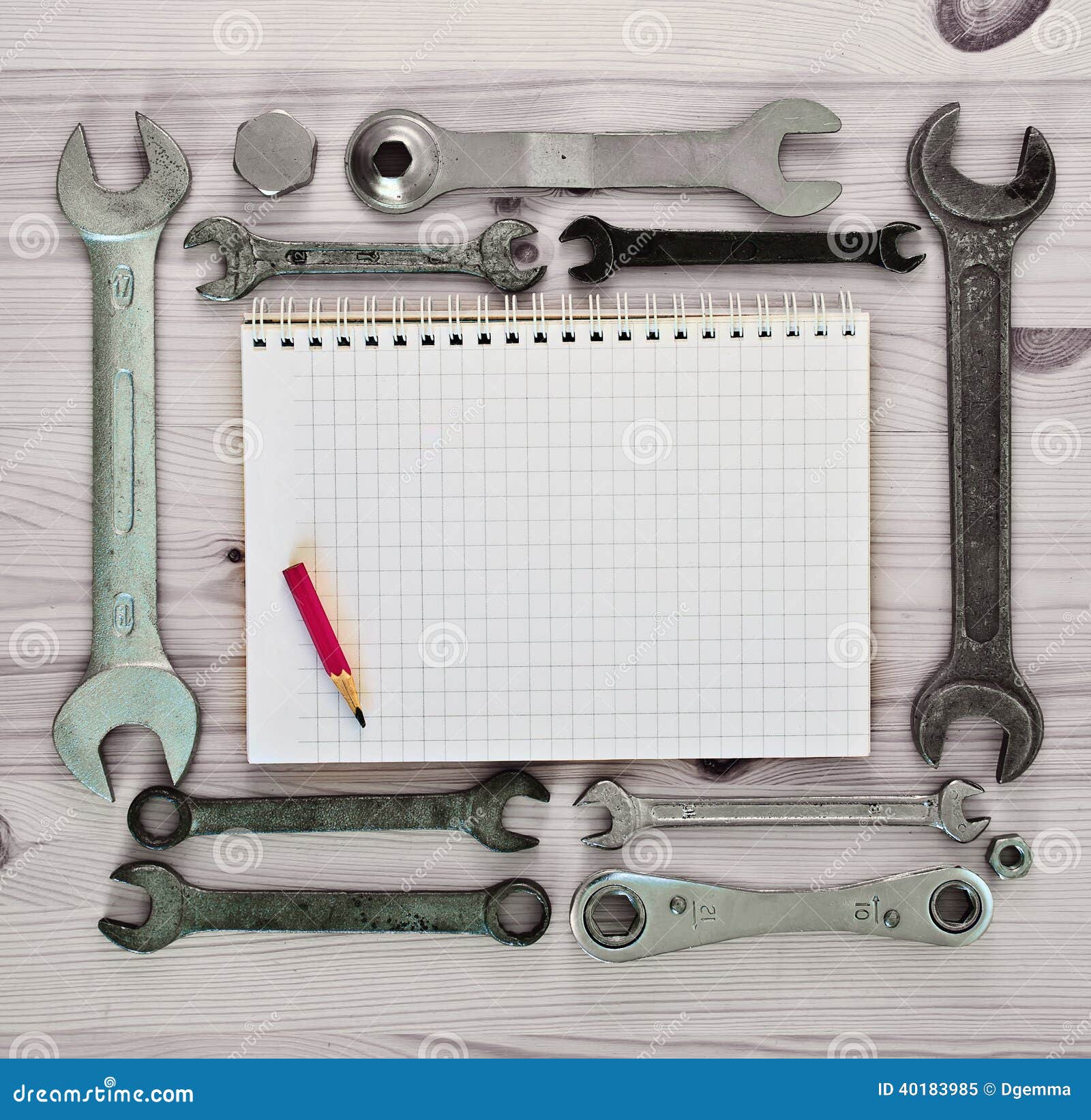 Notebook and wrench stock image. Image of metal, pencil - 40183985