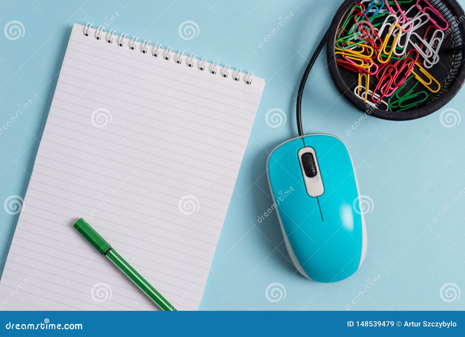 Notebook and Writing Equipment with Computer Tool Above Pastel Backdrop ...