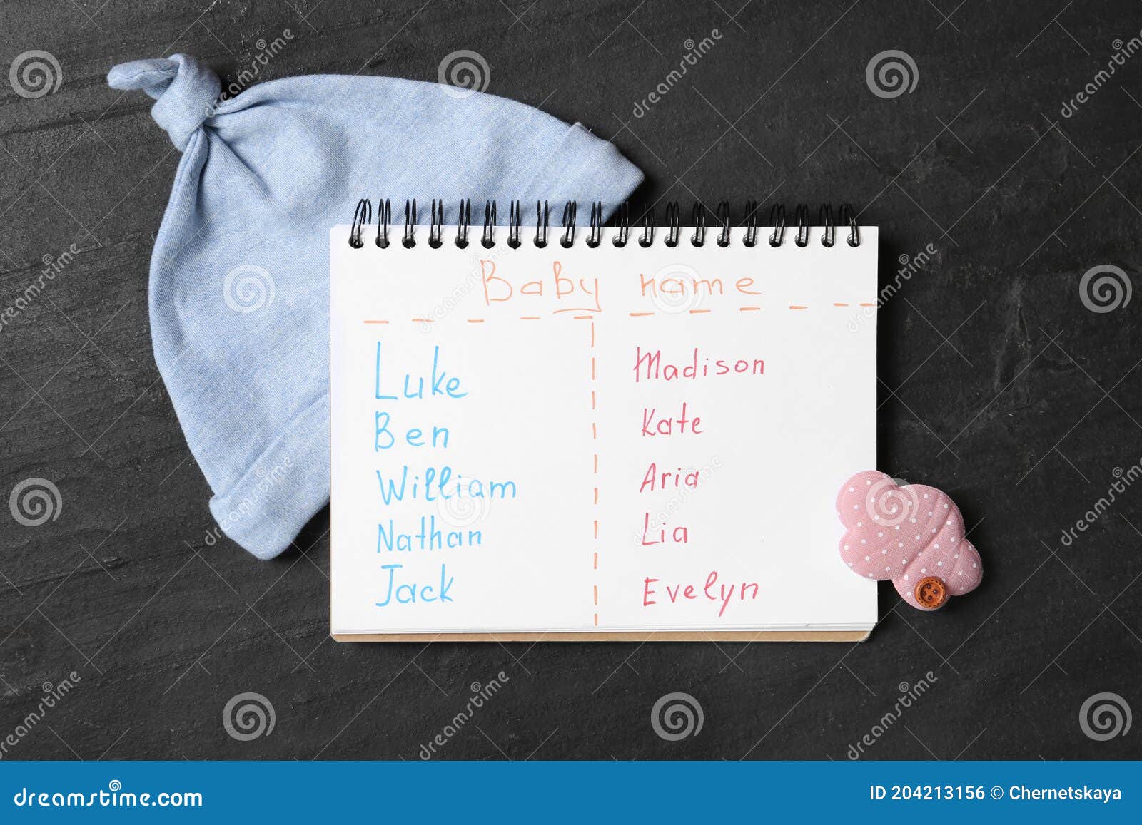 Notebook with Written Different Baby Names and Child`s Accessories on ...