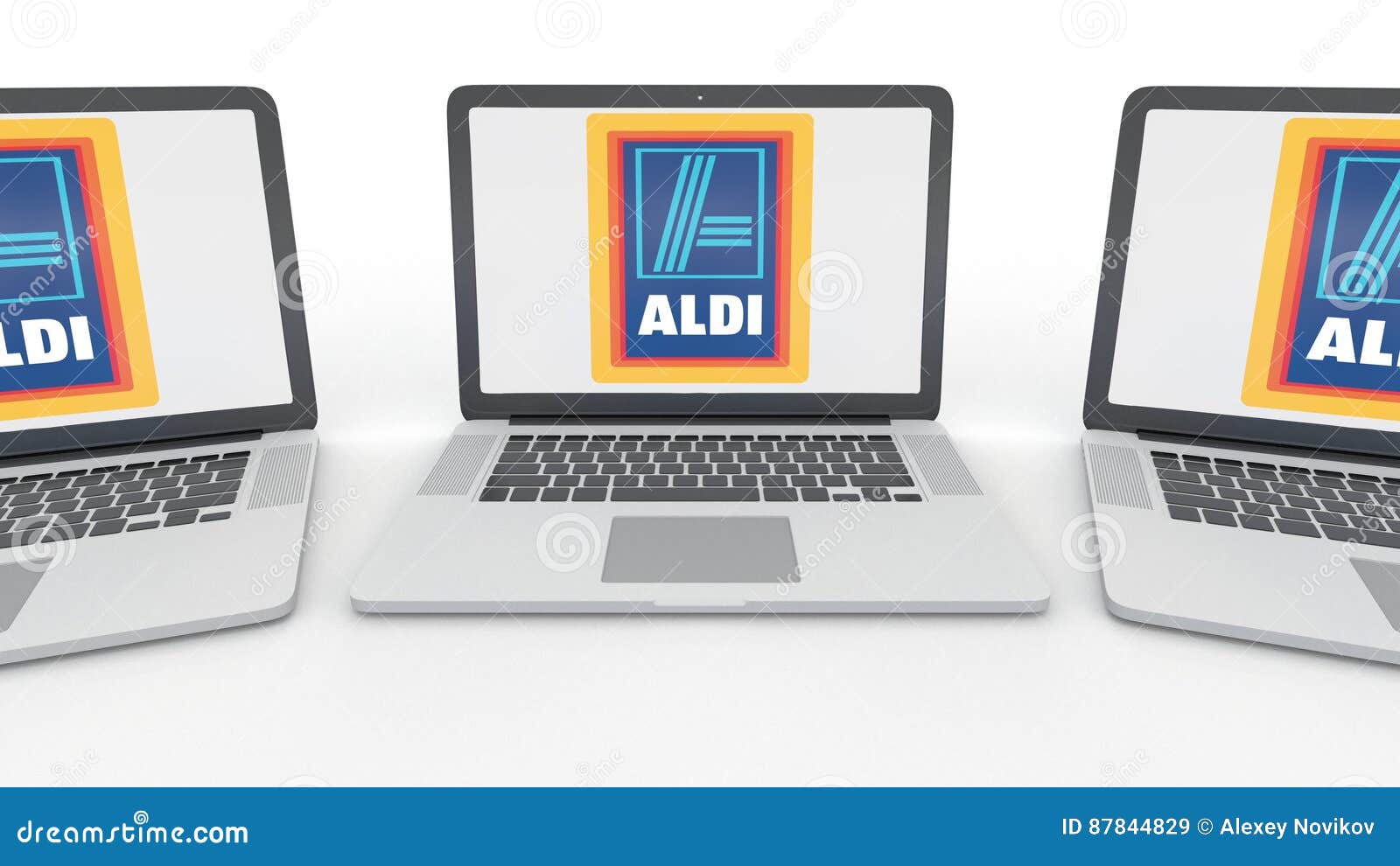 Notebooks with Aldi Logo on the Screen. Computer Technology Conceptual ...
