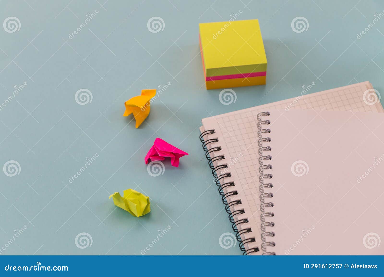 Notebooks, Colourful Stickers on a Blue Background. Conceptual Image ...