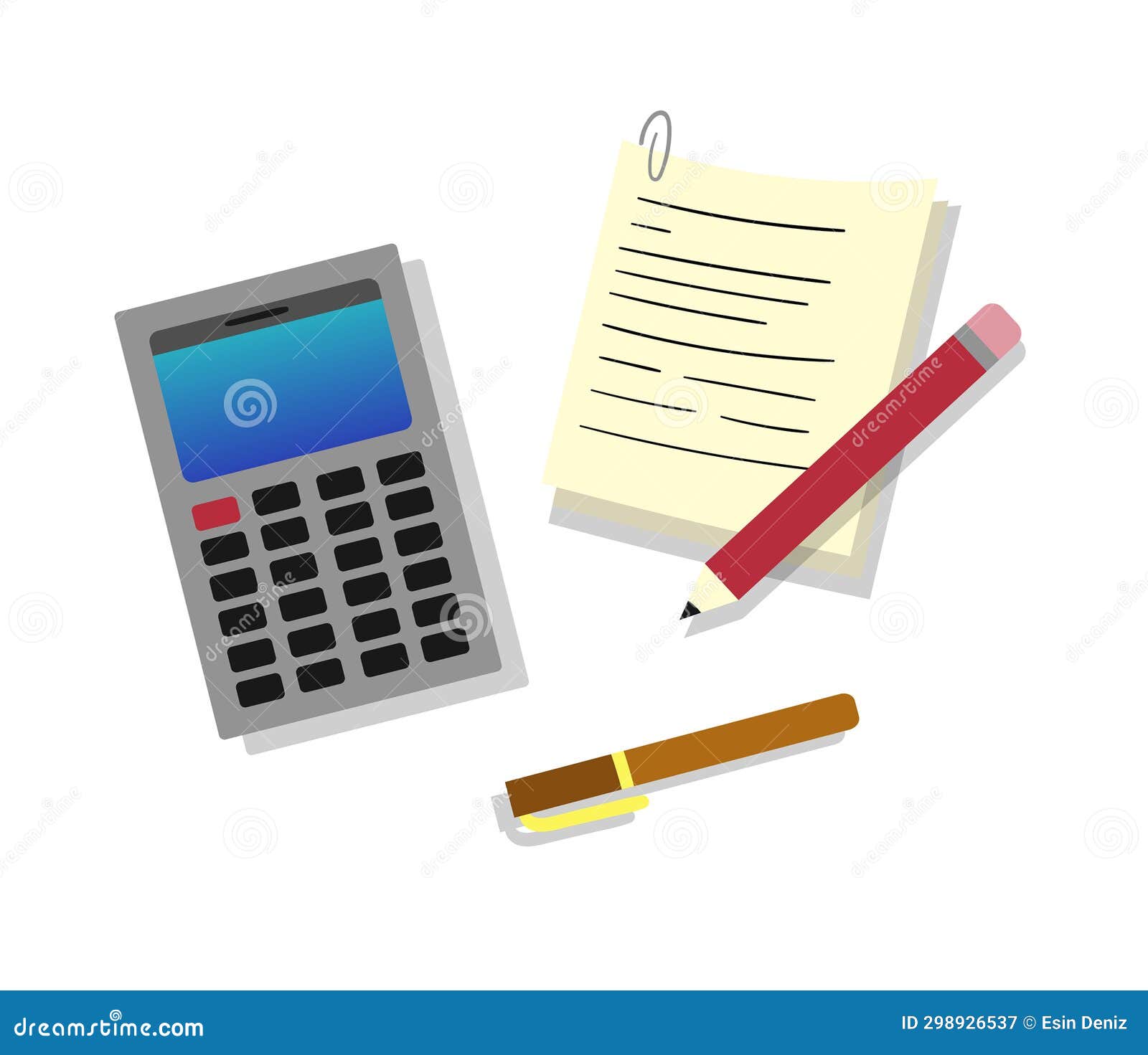 Notebooks, Note Papers, Calculator, Pens on the Work Table Illustration ...