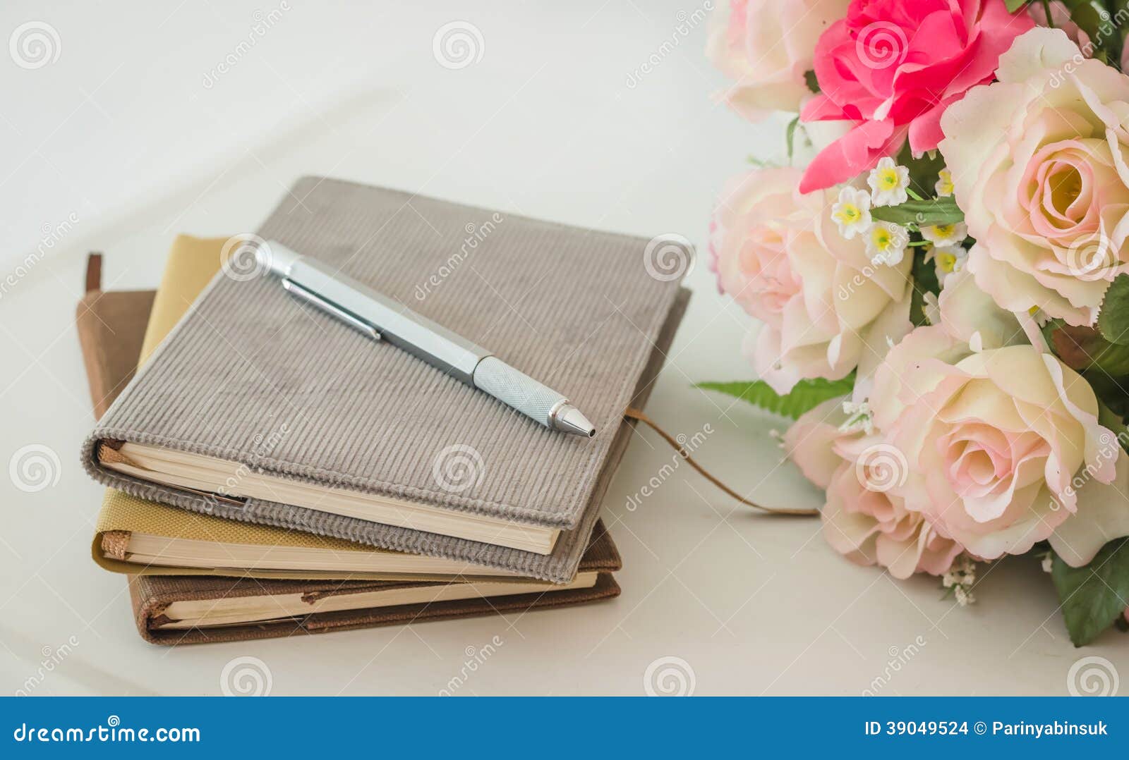 Notebooks and Pen with Flower Stock Photo - Image of accessory, chic ...