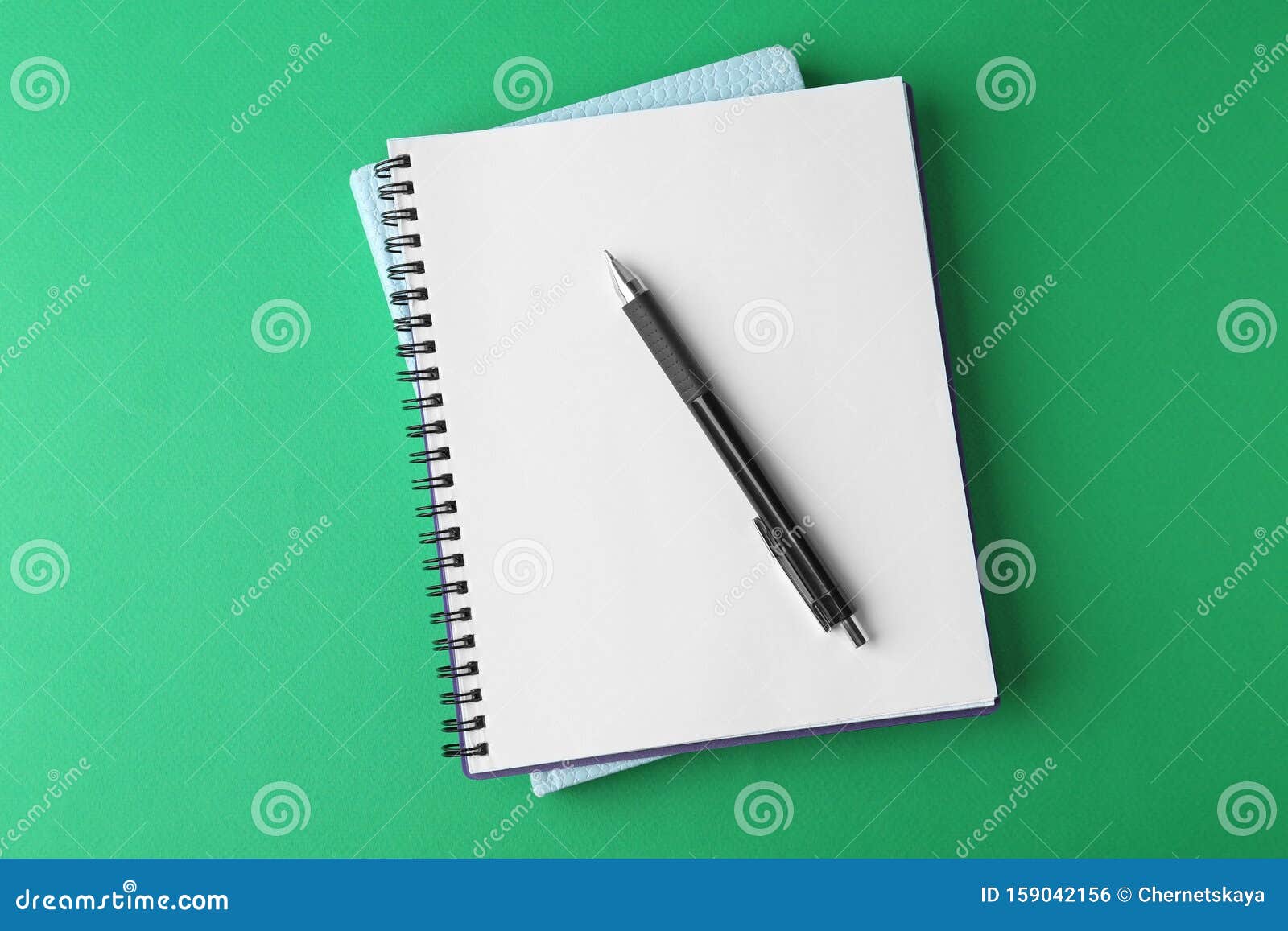 Notebooks and Pen on Green Background Stock Photo - Image of minimal ...