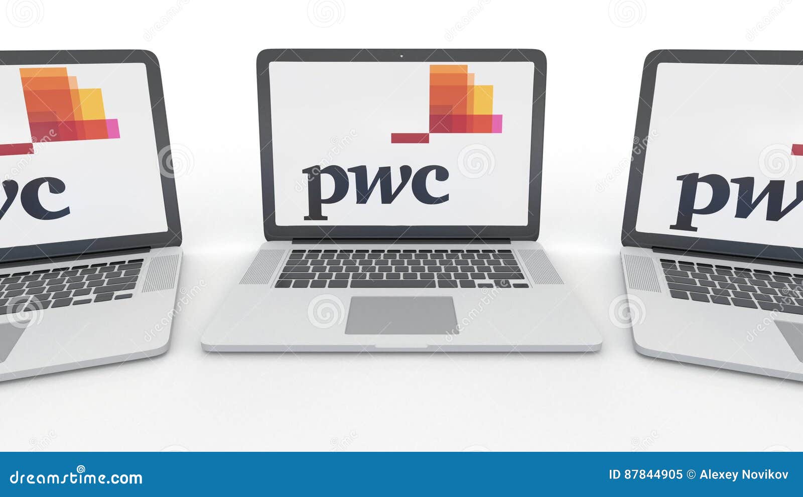 Notebooks with PricewaterhouseCoopers PwC Logo on the Screen. Computer ...