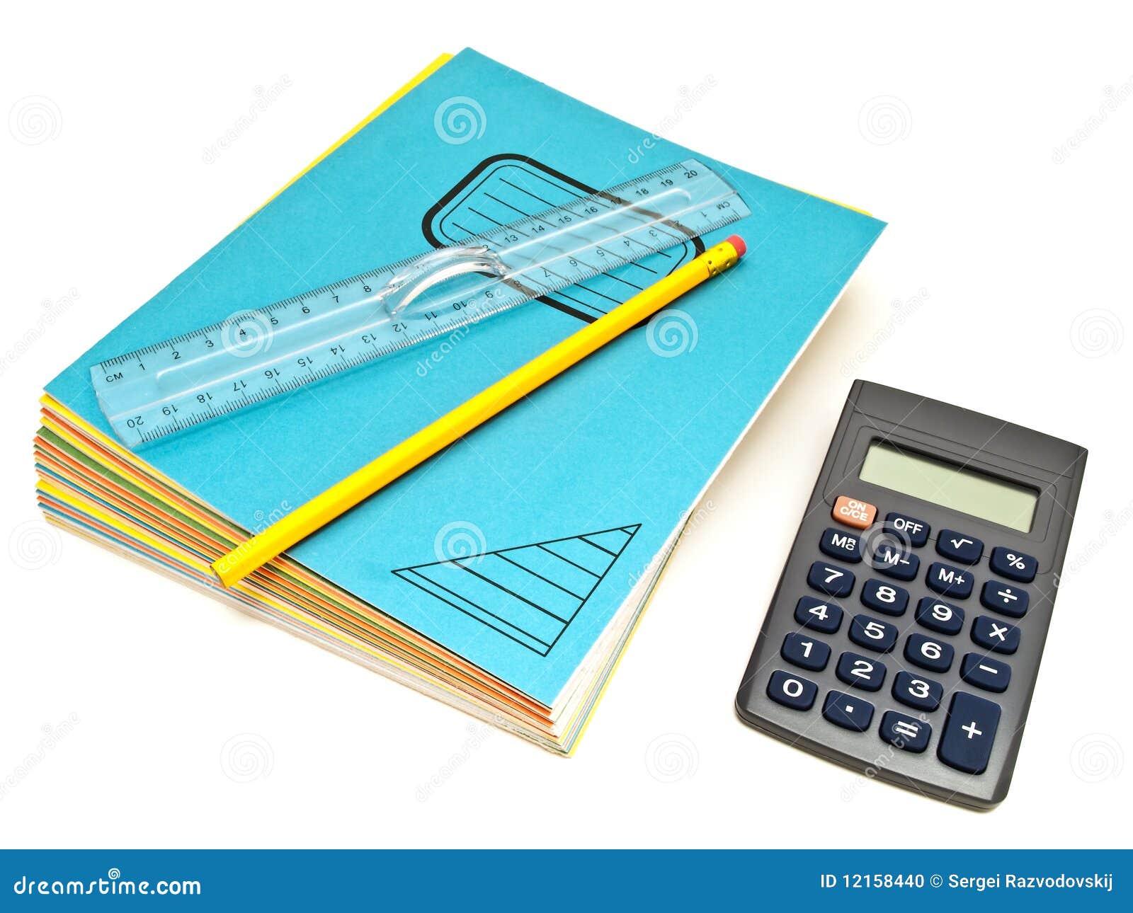 Notebooks Stack, Ruler and Pencil Near Calculator Stock Photo - Image ...