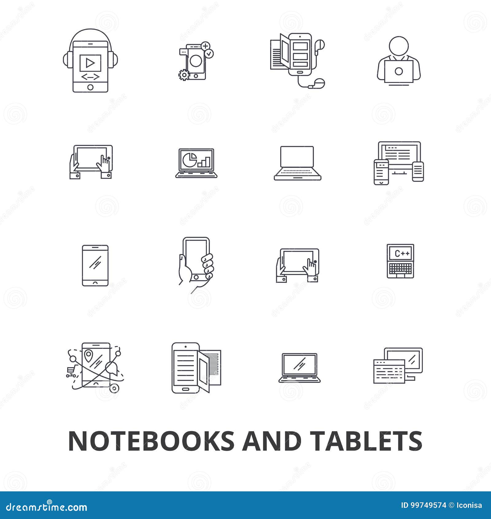 Notebooks And Tablets Laptop Screen Notepad Computer Gadget Pc Line Icons Editable