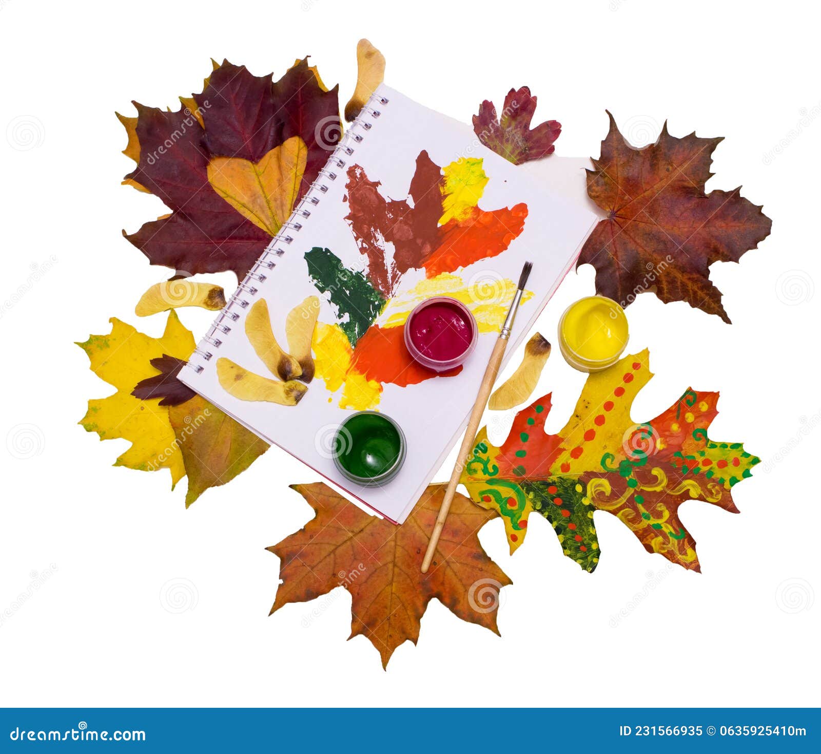 Notepad with Autumn Leaves Paints. Stock Image - Image of background ...