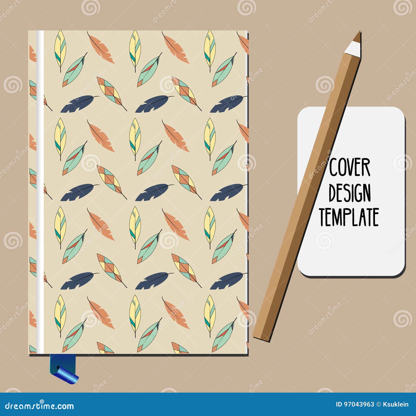 Notepad, Book Cover Design Template With Feathers Pattern Cartoon ...