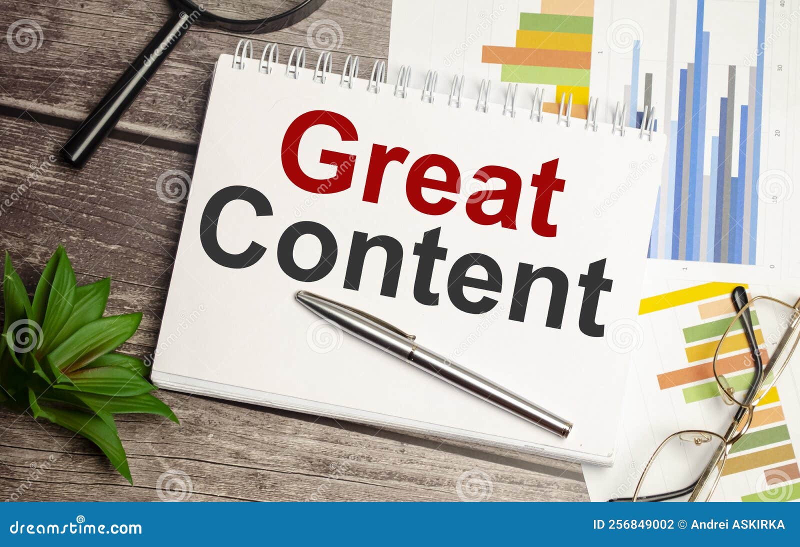 Notepad ,chart and Calculator. Top View Text GREAT CONTENT Stock Photo ...