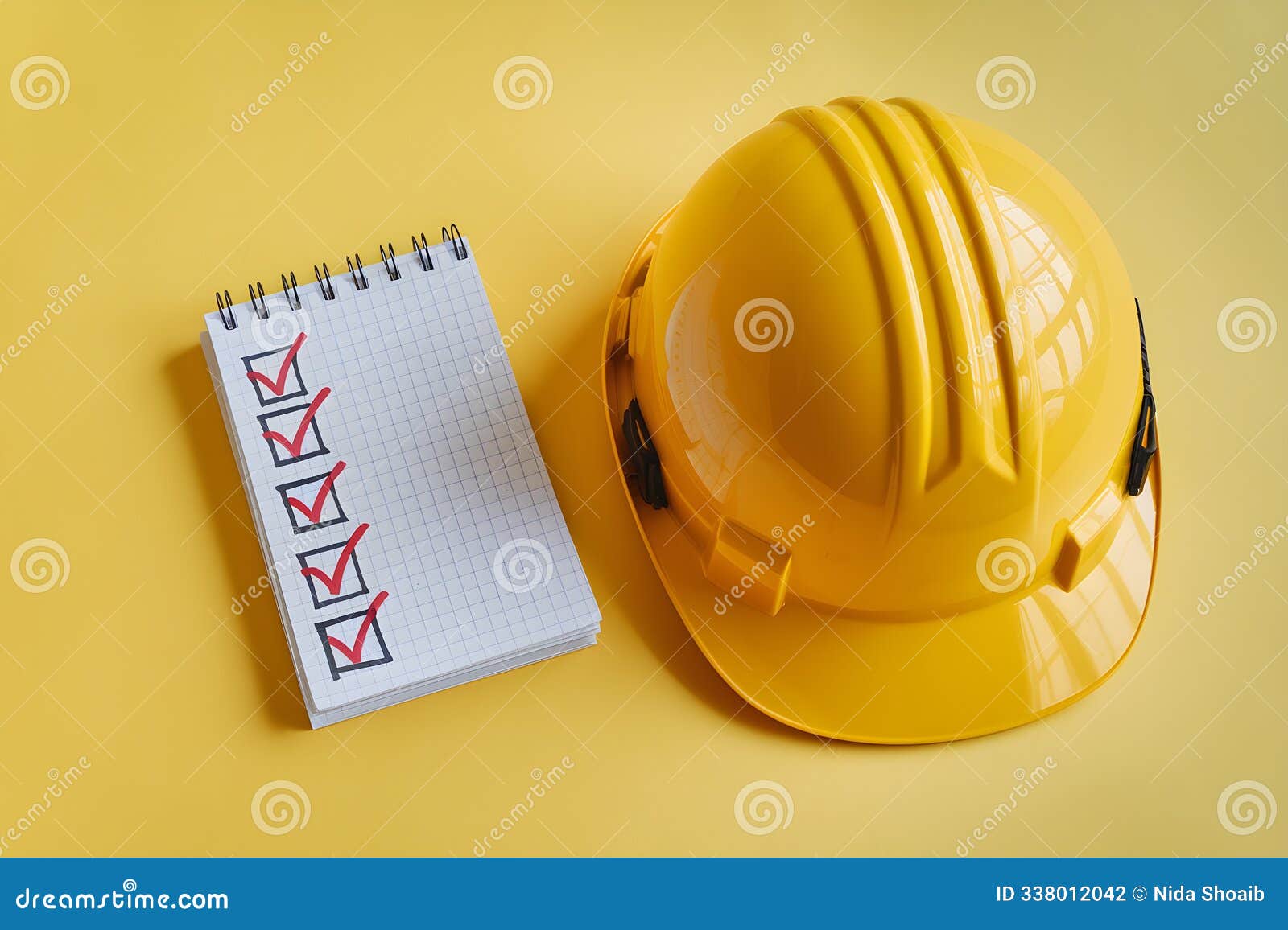 Notepad with Checkmarks beside Construction Hard Hat, Yellow Background ...