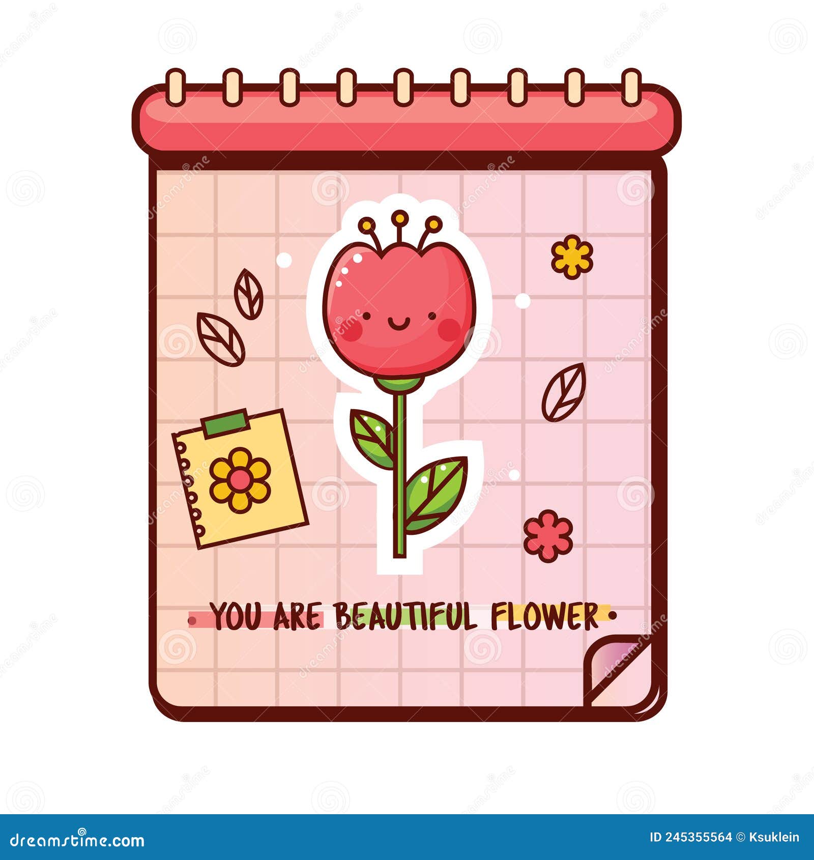 Notepad with Cute Kawaii Flower Sticker and Positive Quote Stock Vector ...