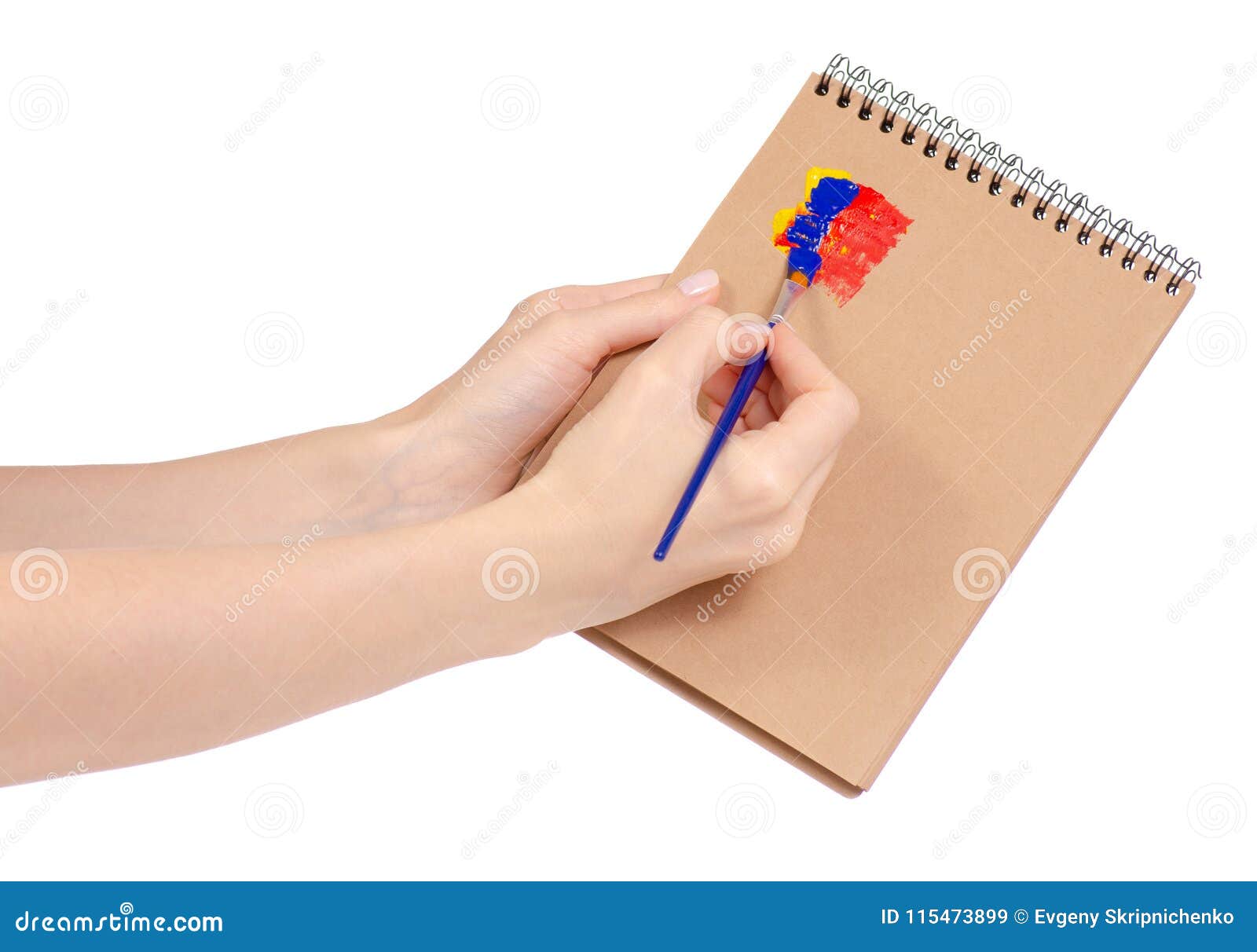 Notepad for Drawing and Brush with Paint in Hand Stock Image - Image of ...
