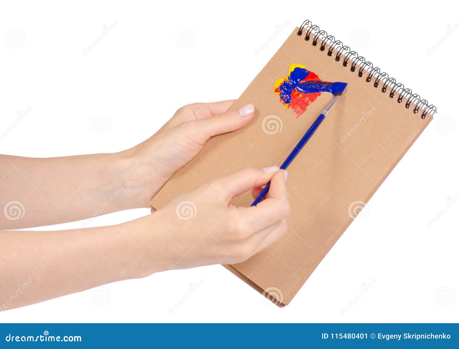 Notepad for Drawing and Brush with Paint in Hand Stock Image - Image of ...