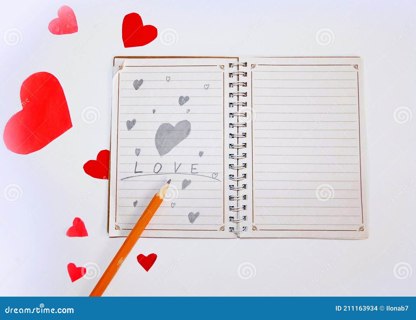 Notepad with Drawings, Pencil and Hearts Stock Photo - Image of writing ...