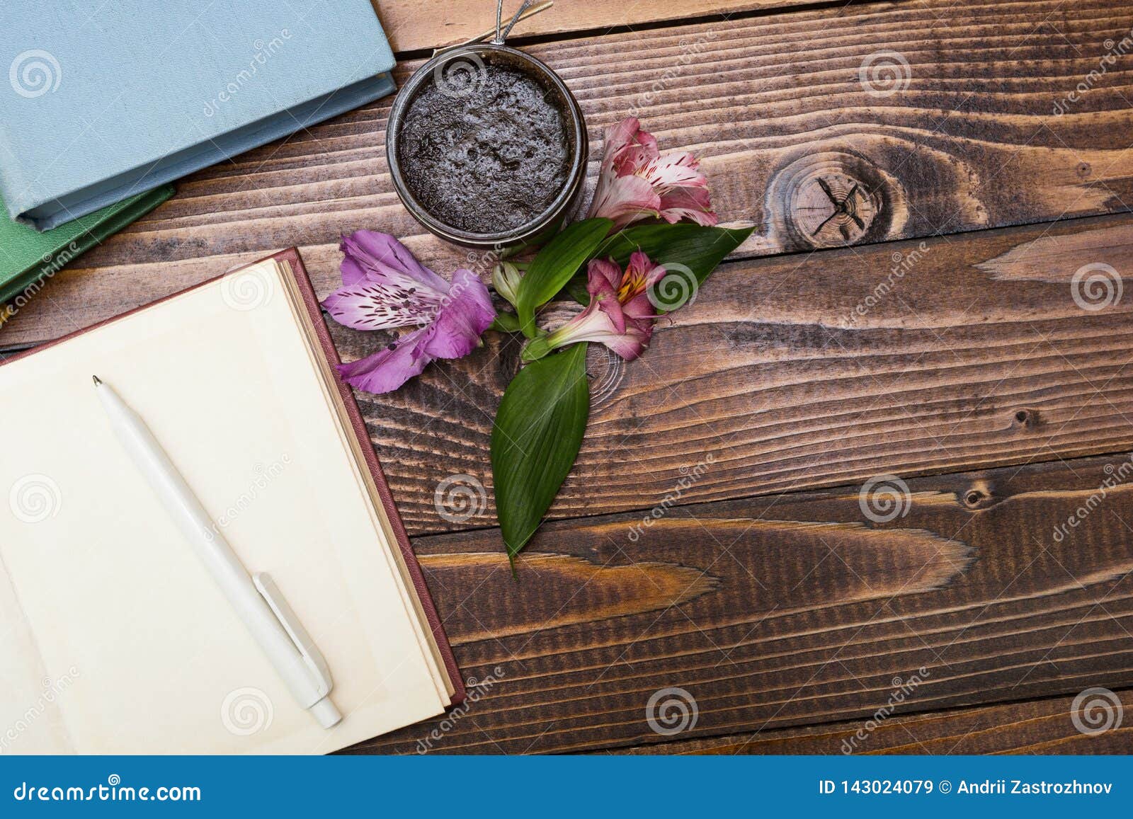 Notepad, Flowers and Scrub on a Wooden Table Stock Image - Image of ...