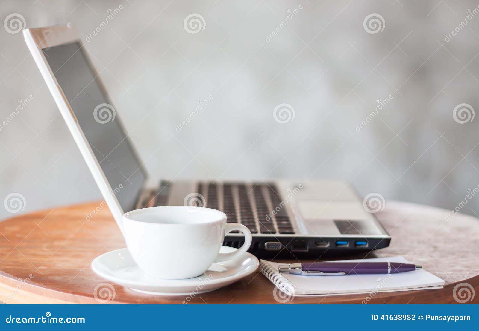Notepad, Laptop and Coffee Cup on Wood Table Stock Photo - Image of ...