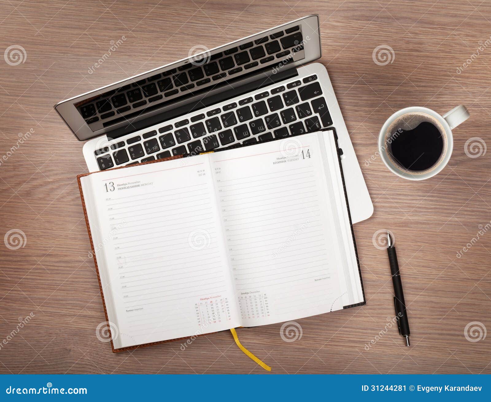 Notepad, Laptop and Coffee Cup on Wood Table Stock Image - Image of ...