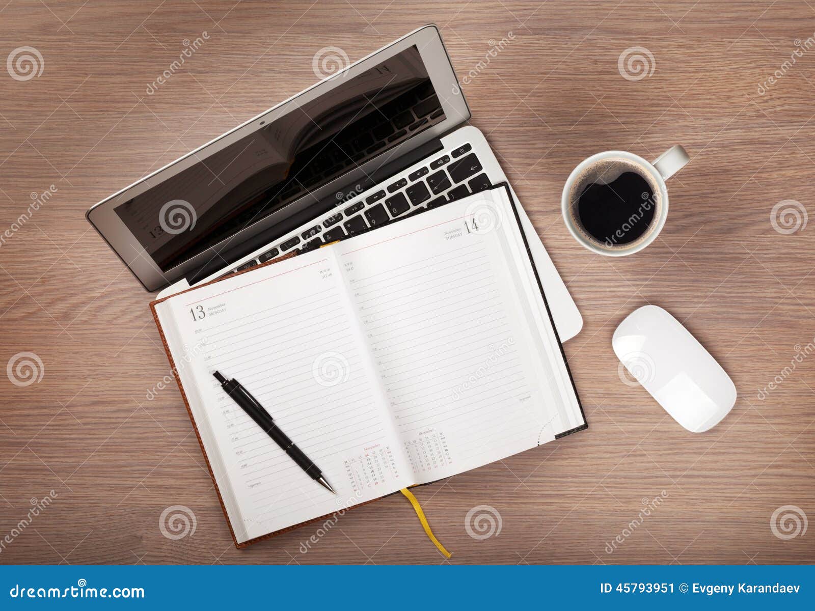 Notepad, Laptop and Coffee Cup on Wood Table Stock Image - Image of ...