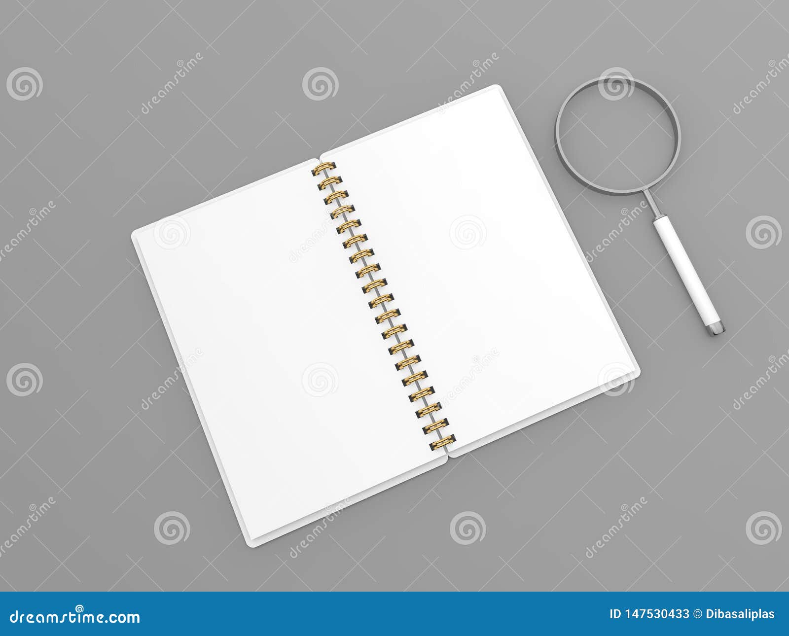 Notepad and Magnifying Glass Layout on a Gray Background. Stock ...