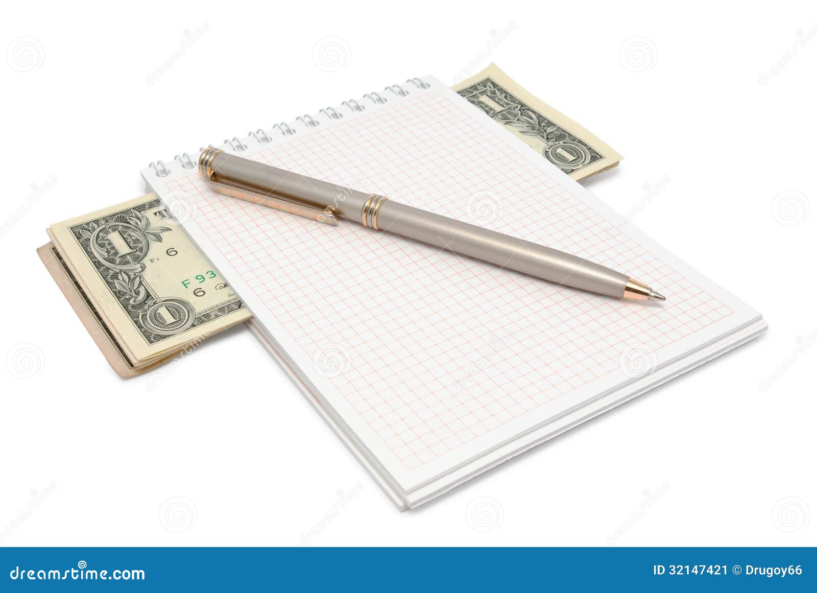Notepad with money and pen stock image. Image of objects - 32147421