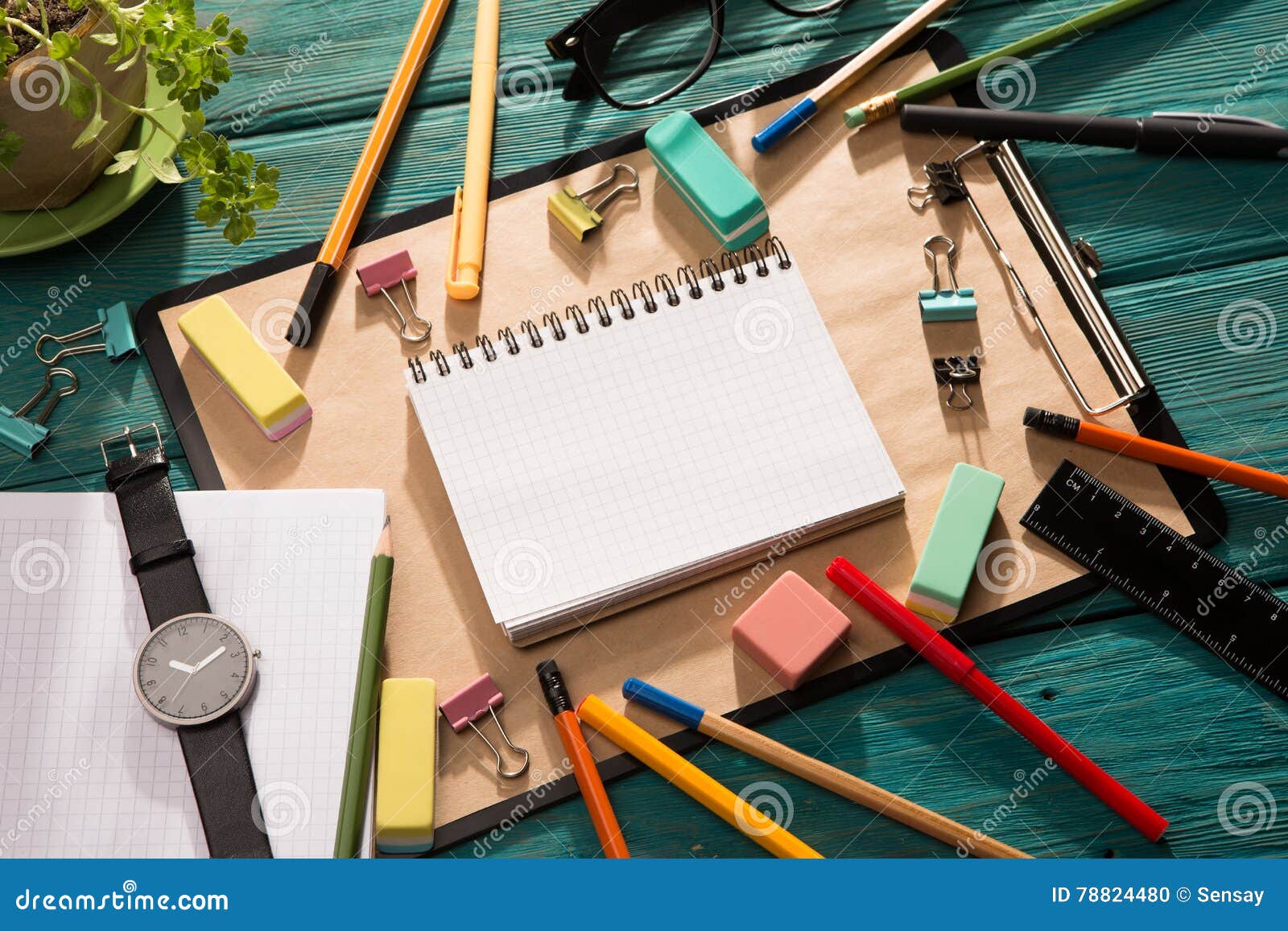 Notepad and Office Supplies on the Desk Stock Photo - Image of ...