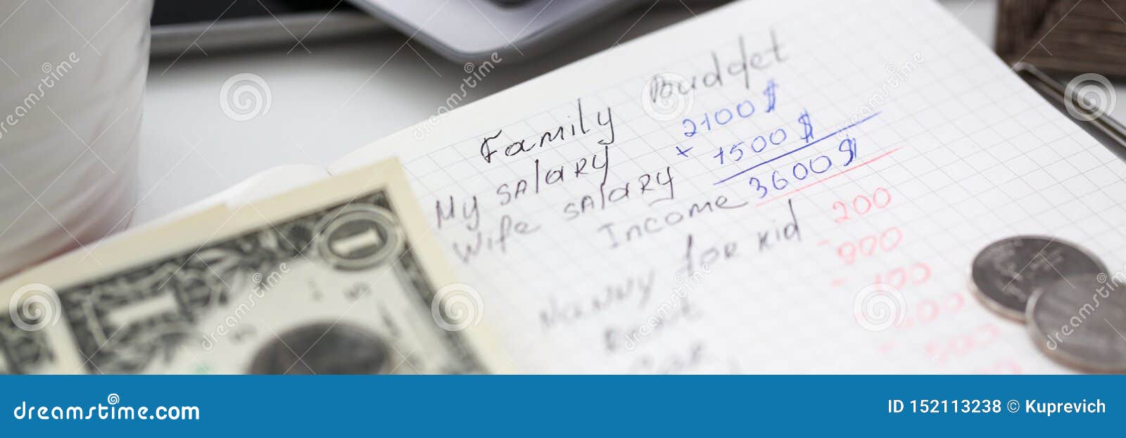 Notepad Page with Handwritten Calculation of Family Budget Stock Photo ...