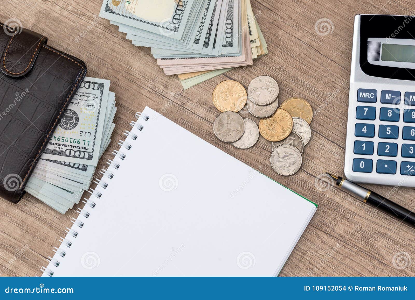 Notepad with Pen, Calculator, Dollar Bills Stock Photo - Image of ...