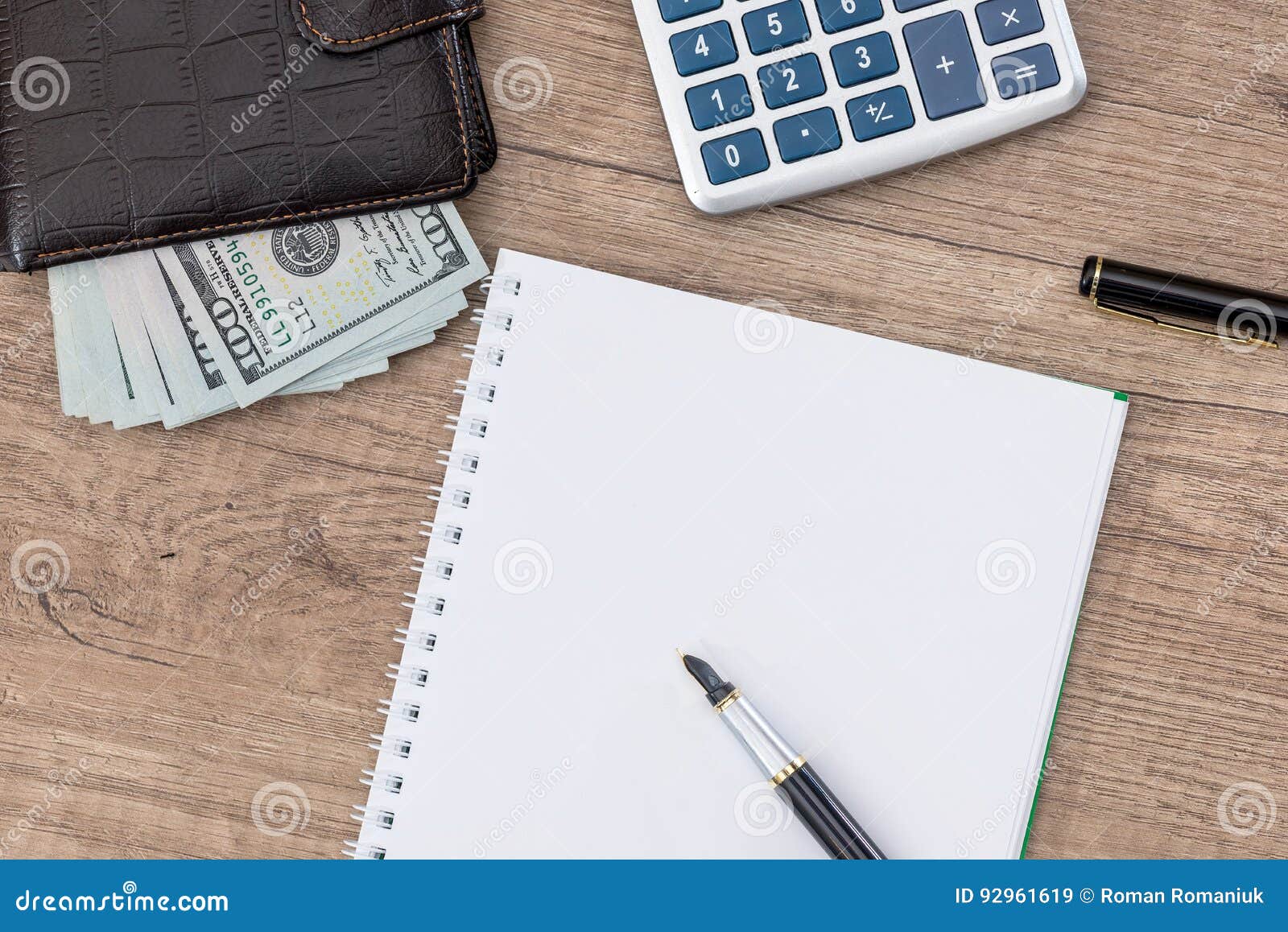 Notepad with Pen, Calculator, Dollar Bills Stock Image - Image of ...