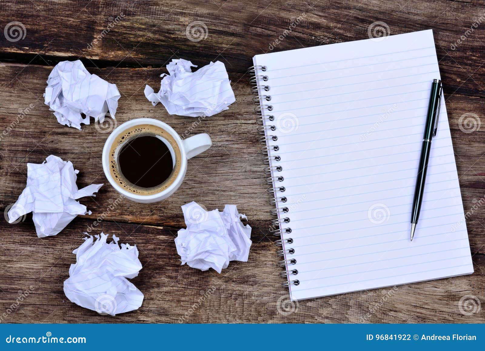 Notepad with Pen Coffee and Crumpled Paper on Desk Stock Photo - Image ...