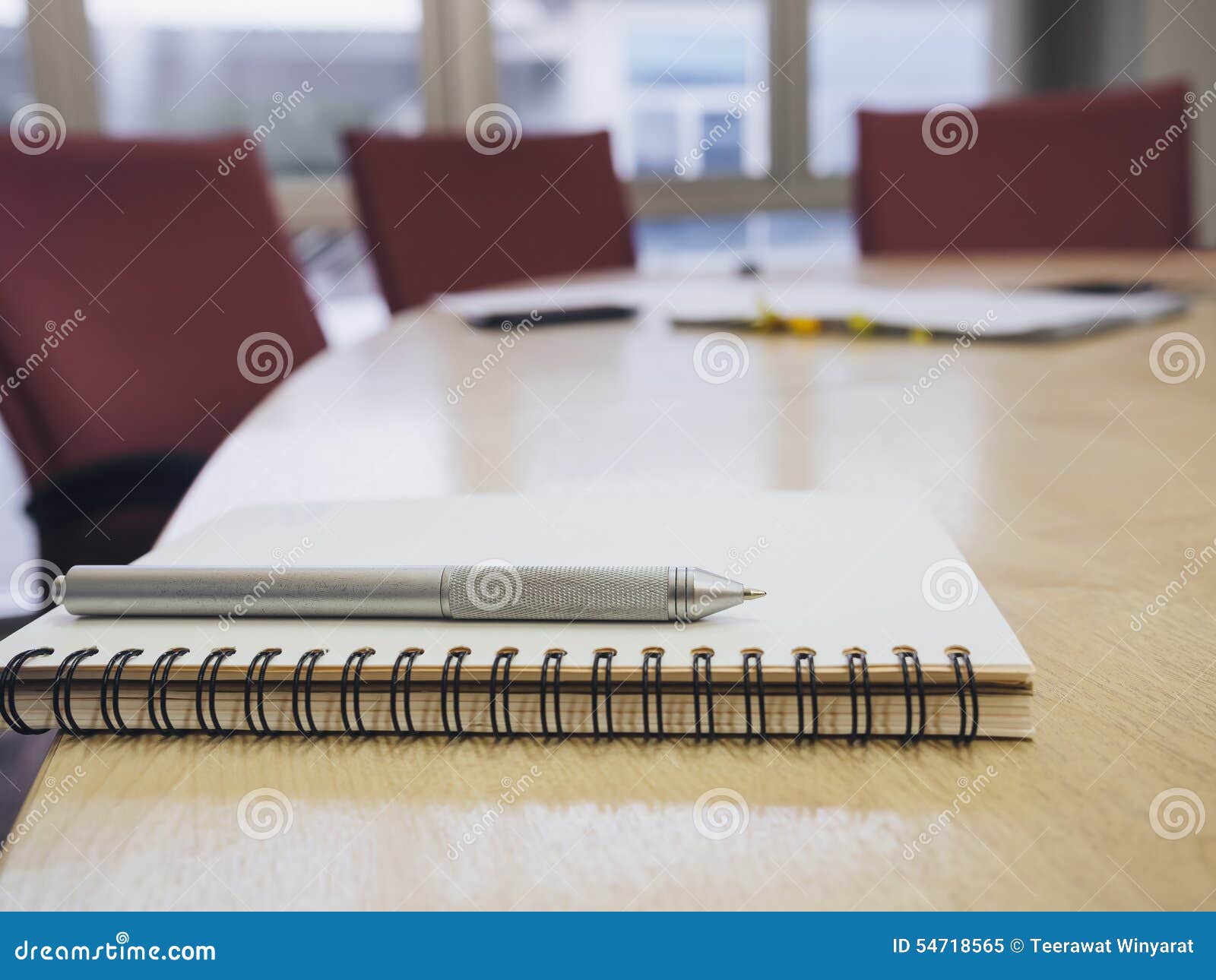 Notepad and Pen in Meeting Room Interior Stock Image - Image of closeup ...