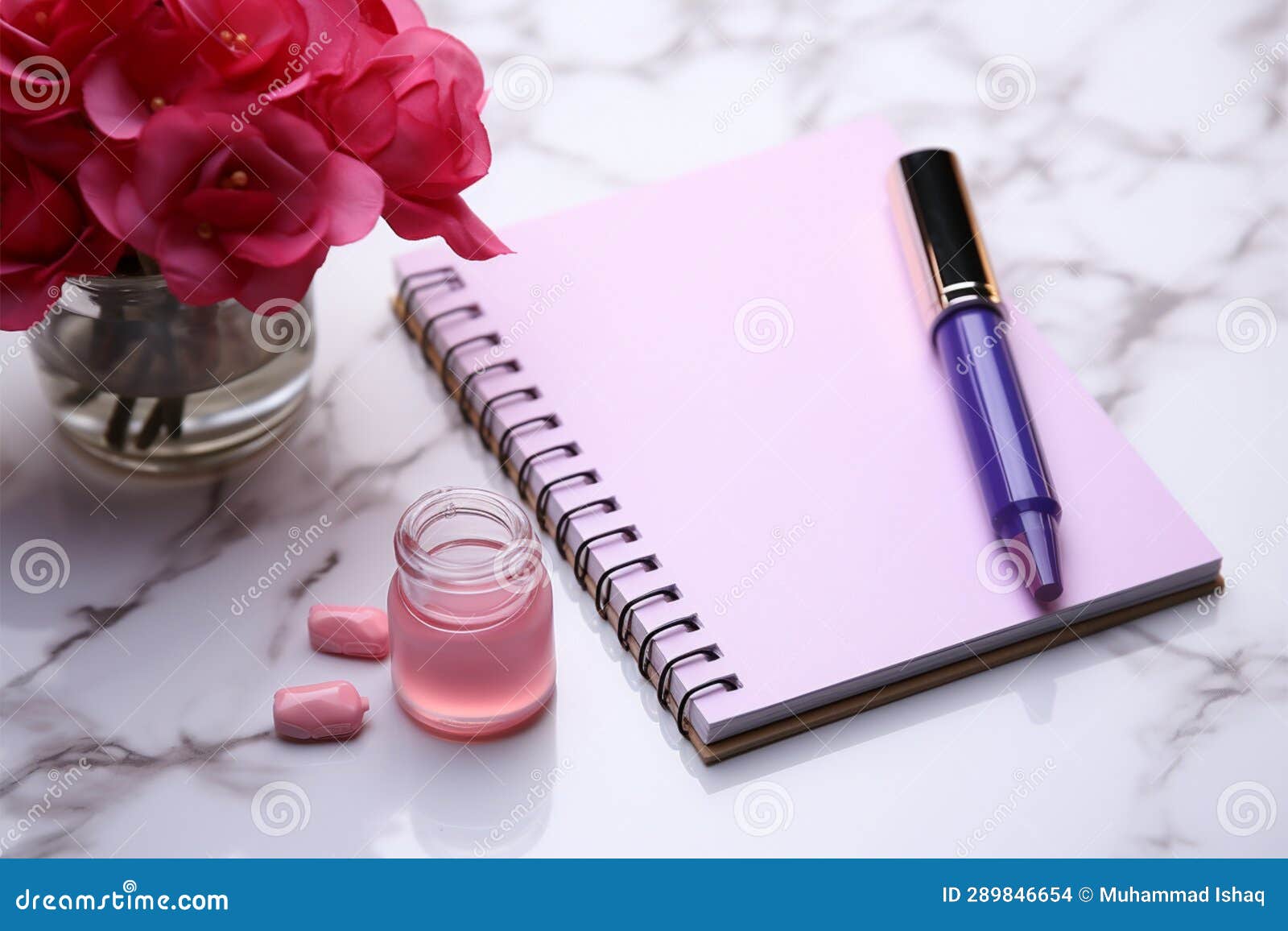 A Notepad, Pen, and Nail Polish on a Marble Surface Stock Illustration ...