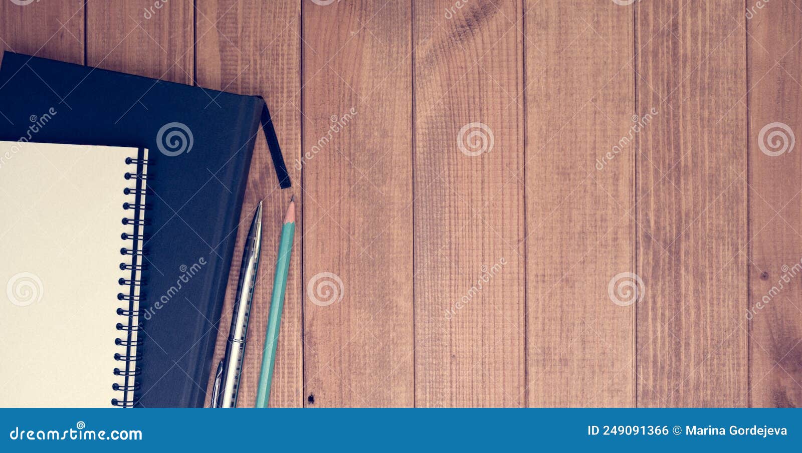 Notepad, Pen and Pencil on a Wooden Desk - Panorama of Typical Office ...
