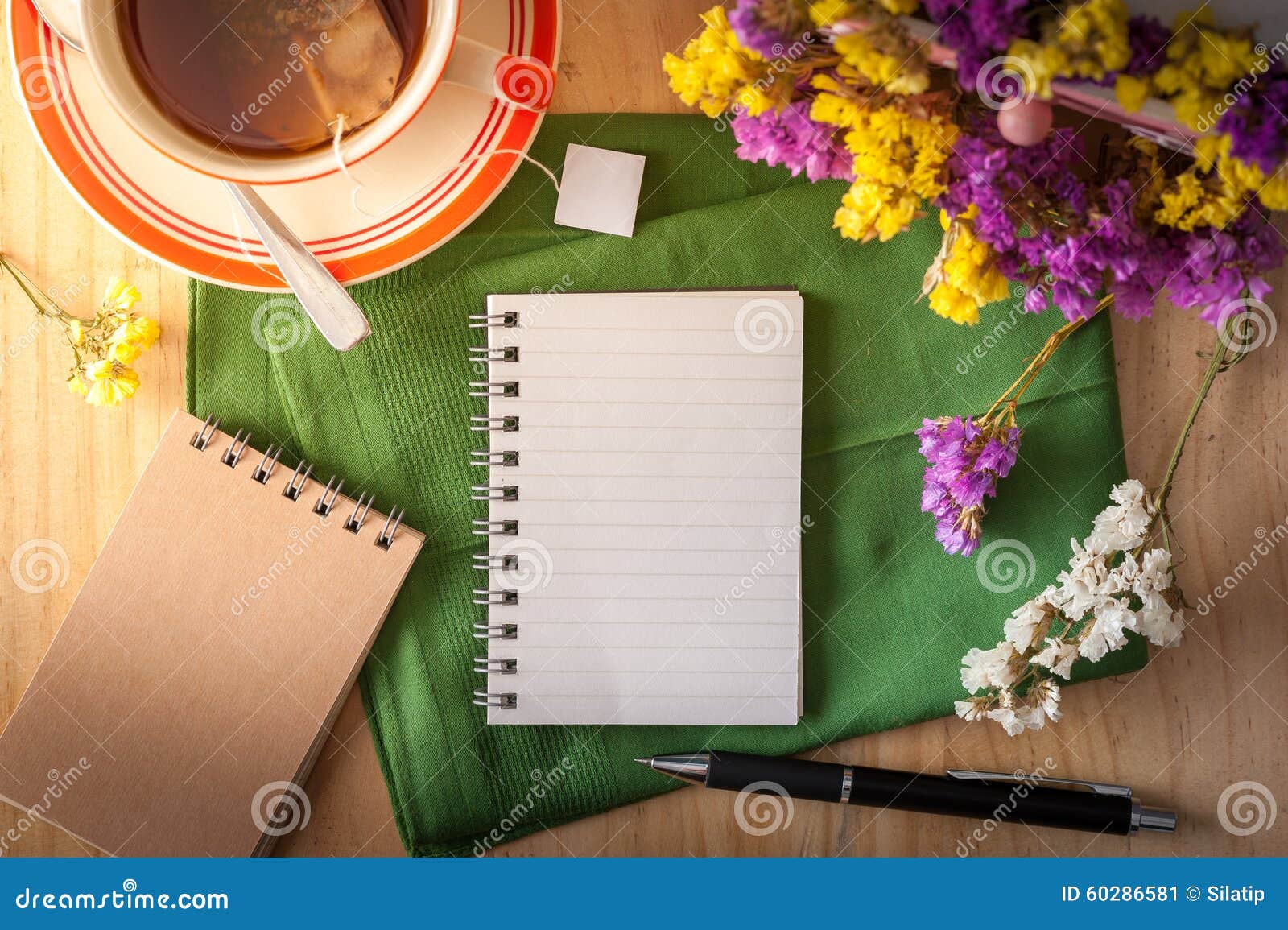 Notepad with Pen on Wood Table Stock Image - Image of notebook ...