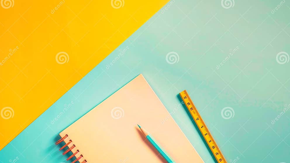 A Notepad, Pencil, and Ruler Sit on a Pastel Blue and Yellow Surface ...