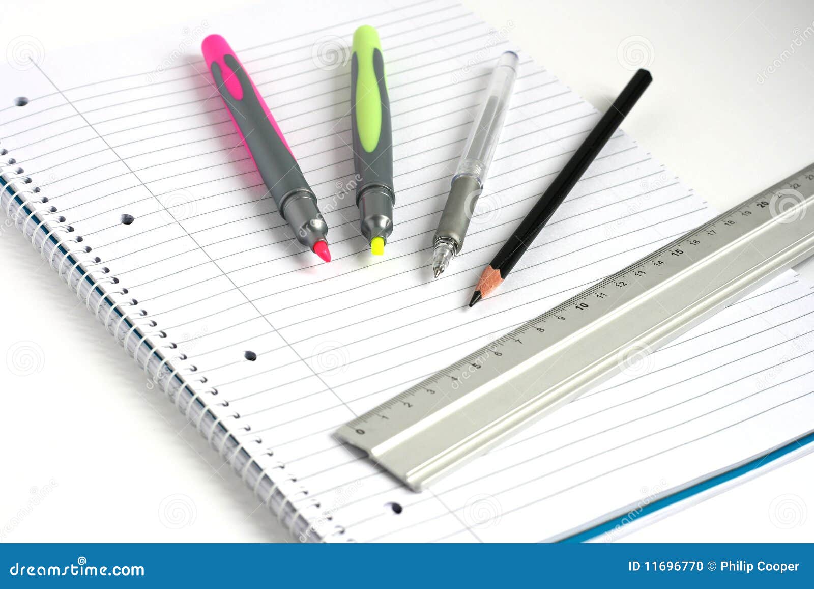 Notepad pens pencil ruler stock photo. Image of journal - 11696770